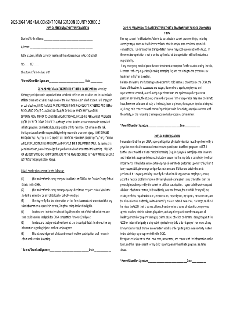 Fillable Online ATHLETIC PARTICIPATION AND PARENTAL CONSENT ... Fax Email Print - pdfFiller