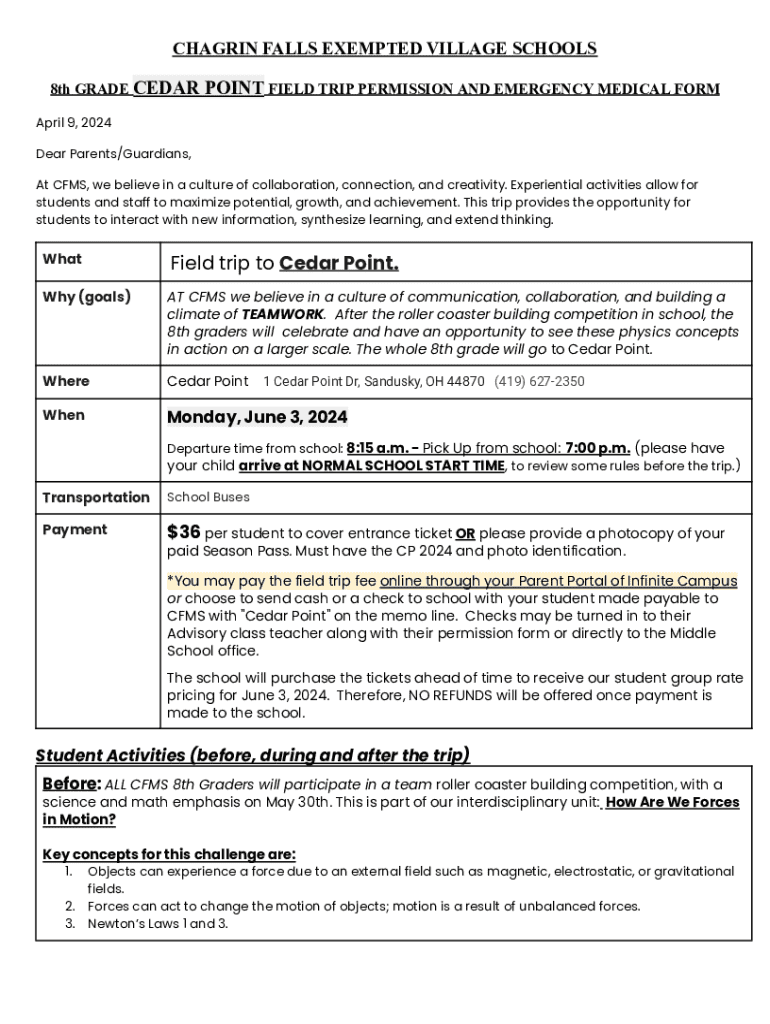 Fillable Online 8th Grade Cedar Point Parent Letter and Permission Slip ... Fax Email Print ...