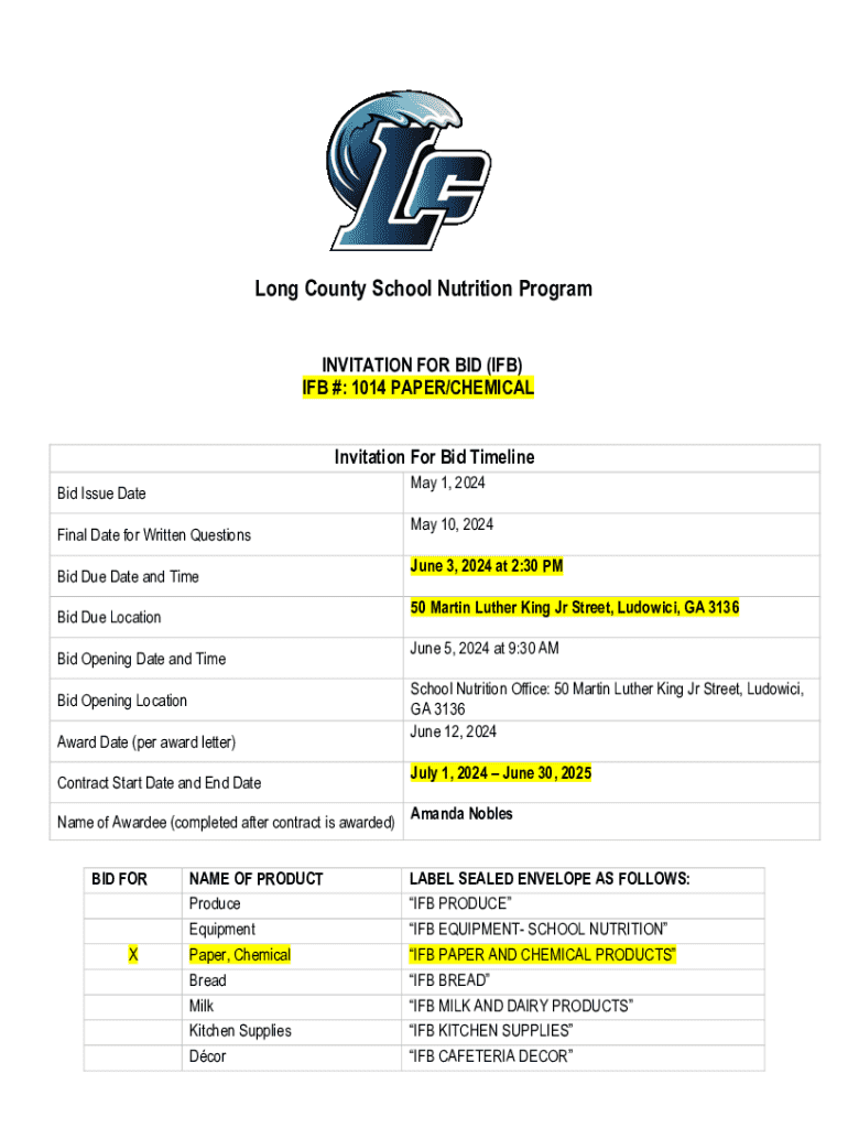 Fillable Online Long County School Nutrition Program Ifb Paper ...