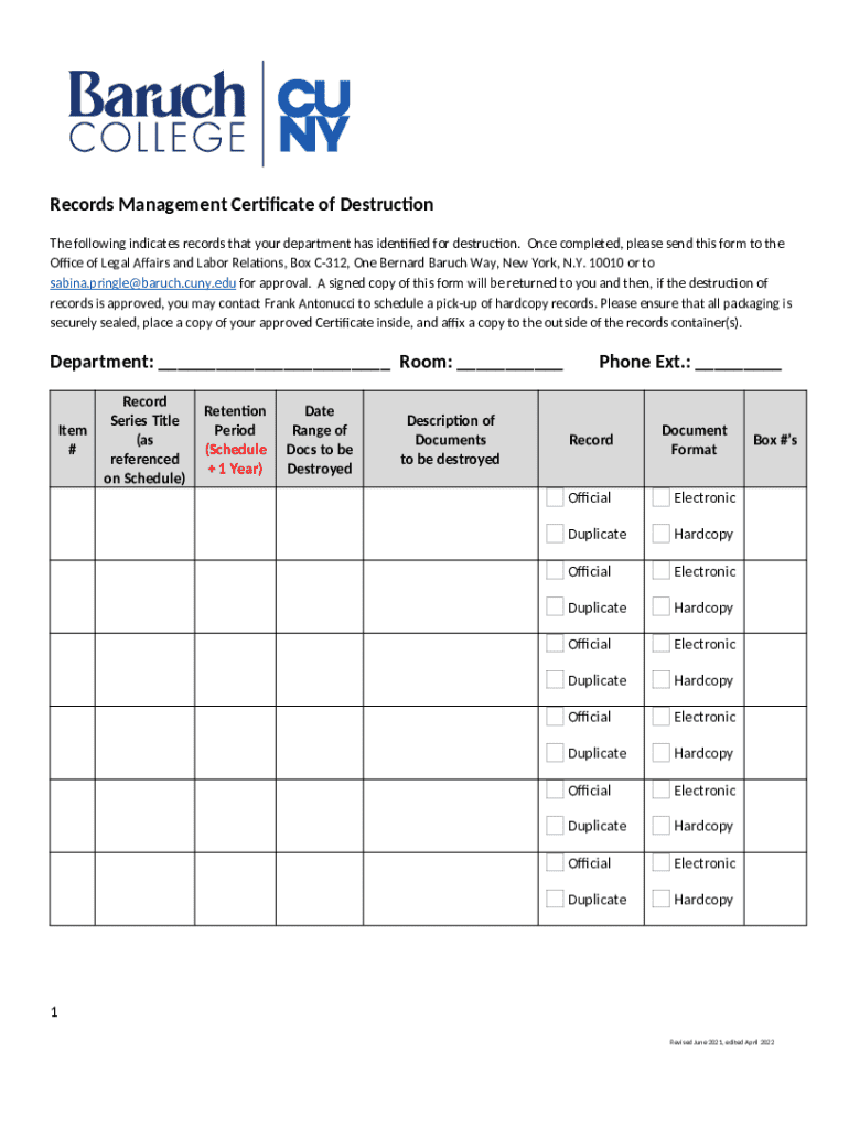 Certificate of Destruction (COD) - Office of the President - CUNY Doc ...
