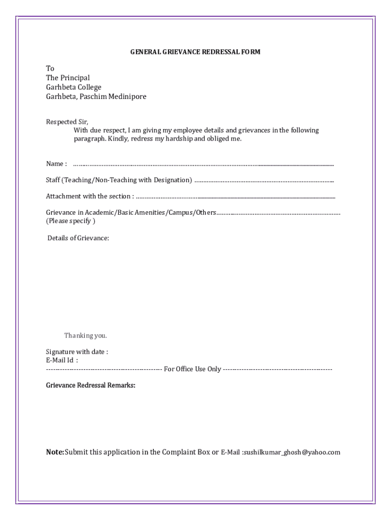 Fillable Online General Grievance Redressal Form for Garhbeta College ...