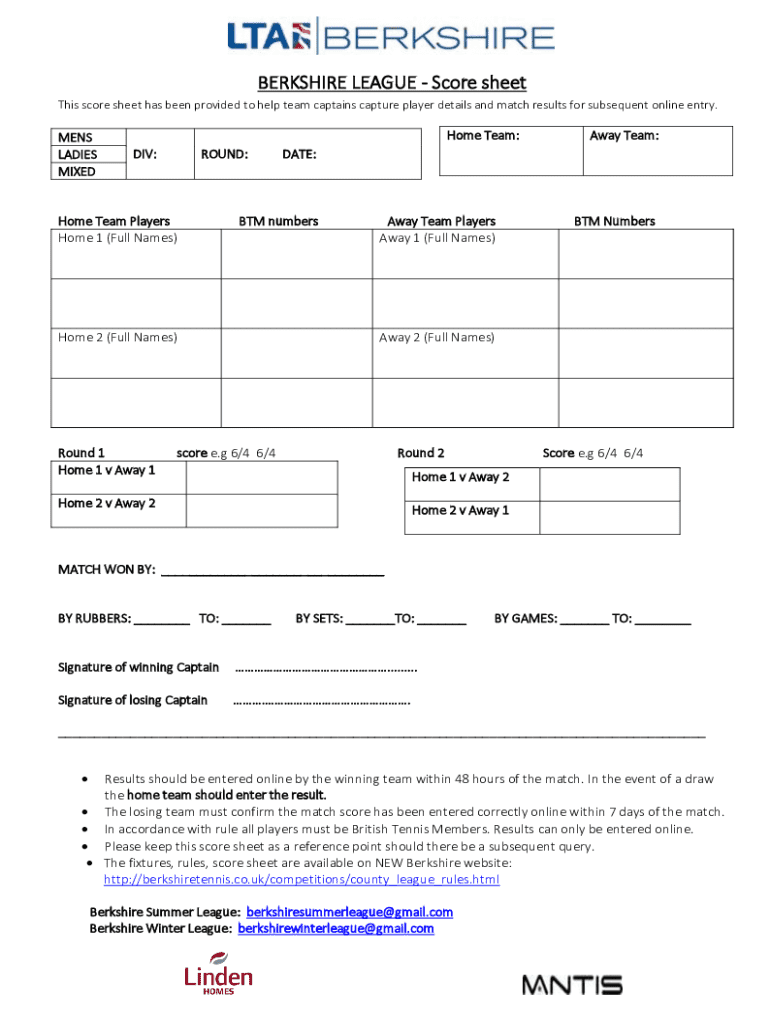 Fillable Online Berkshire League Score Sheet 2023 - Capturing Match ...
