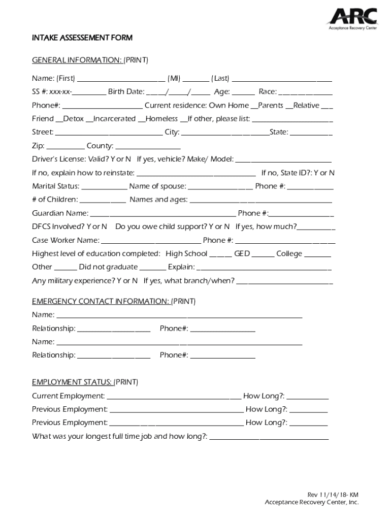 Fillable Online ADULT INTAKE ASSESSMENT FORM Fax Email Print - pdfFiller