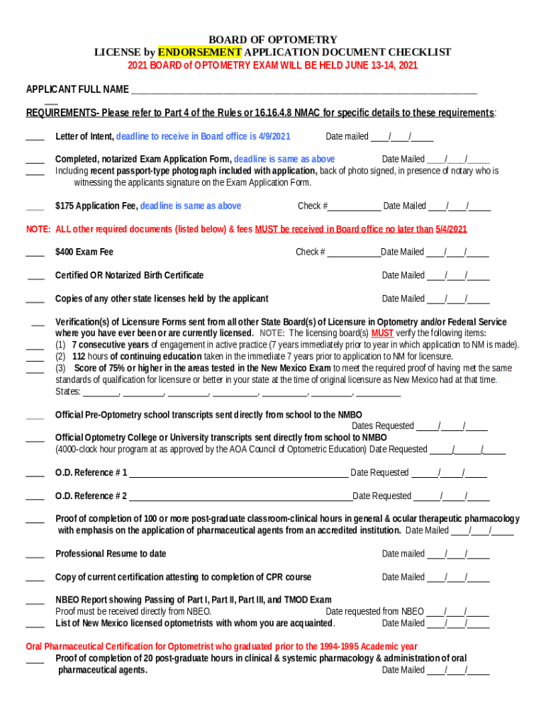 OPTOMETRY APPLICANT DOCUMENT CHECKLIST Doc Template | pdfFiller