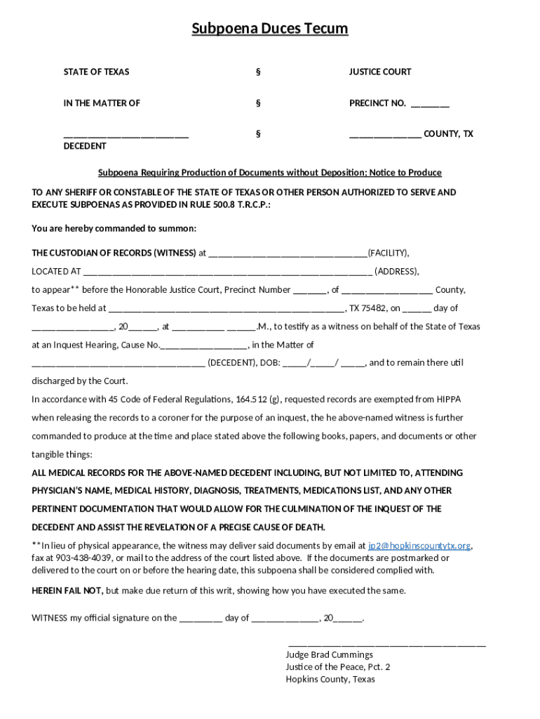 APPLICATION FOR SUBPOENA (Must have a pending ... Doc Template | pdfFiller