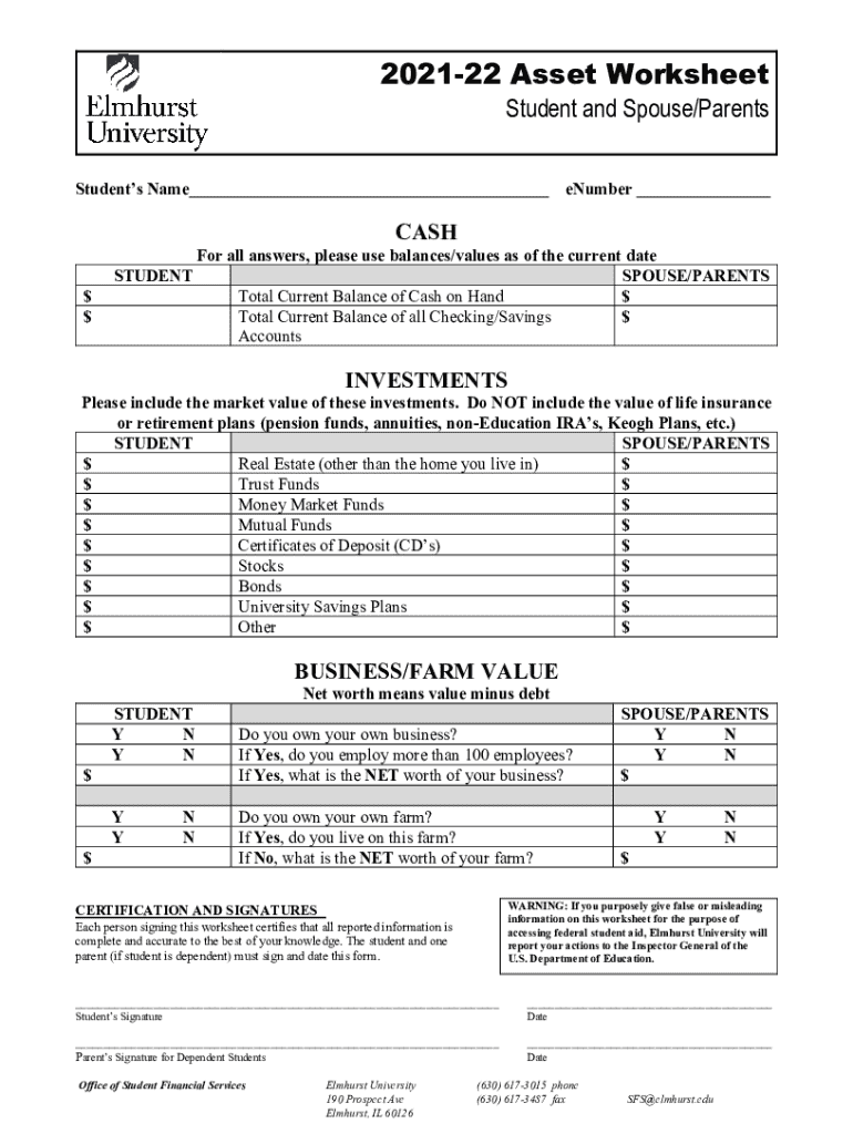 Fillable Online 2021-22 Asset Worksheet Fax Email Print - pdfFiller