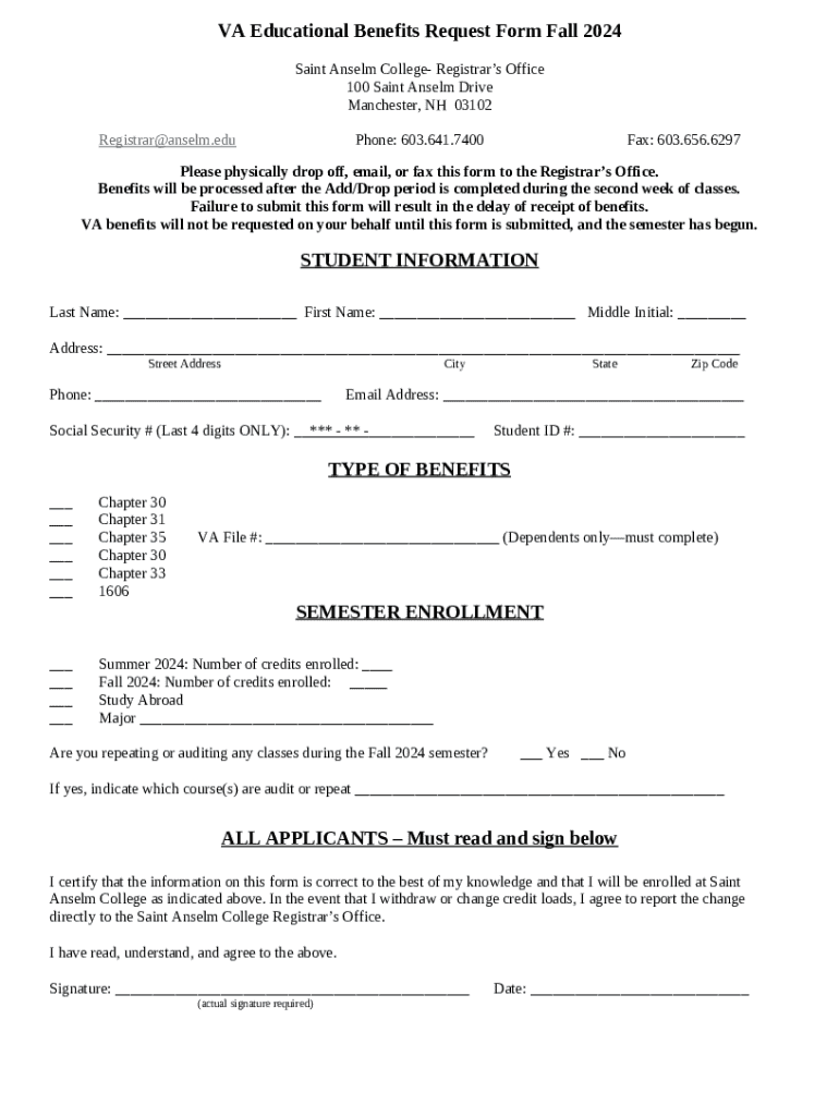 VA Educational Benefits Request Fall 2024 Doc Template | pdfFiller