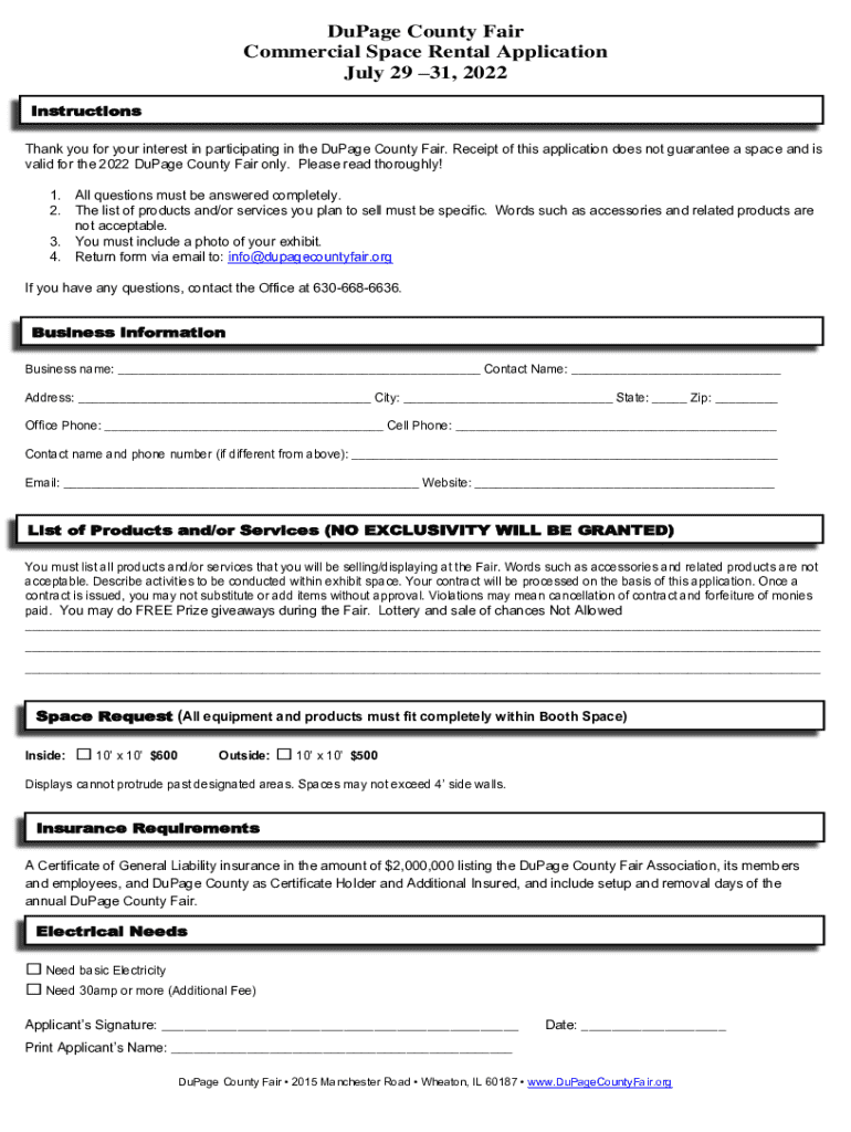 Fillable Online Dupage County Fair 2022 Commercial Space Rental Application Fax Email Print ...