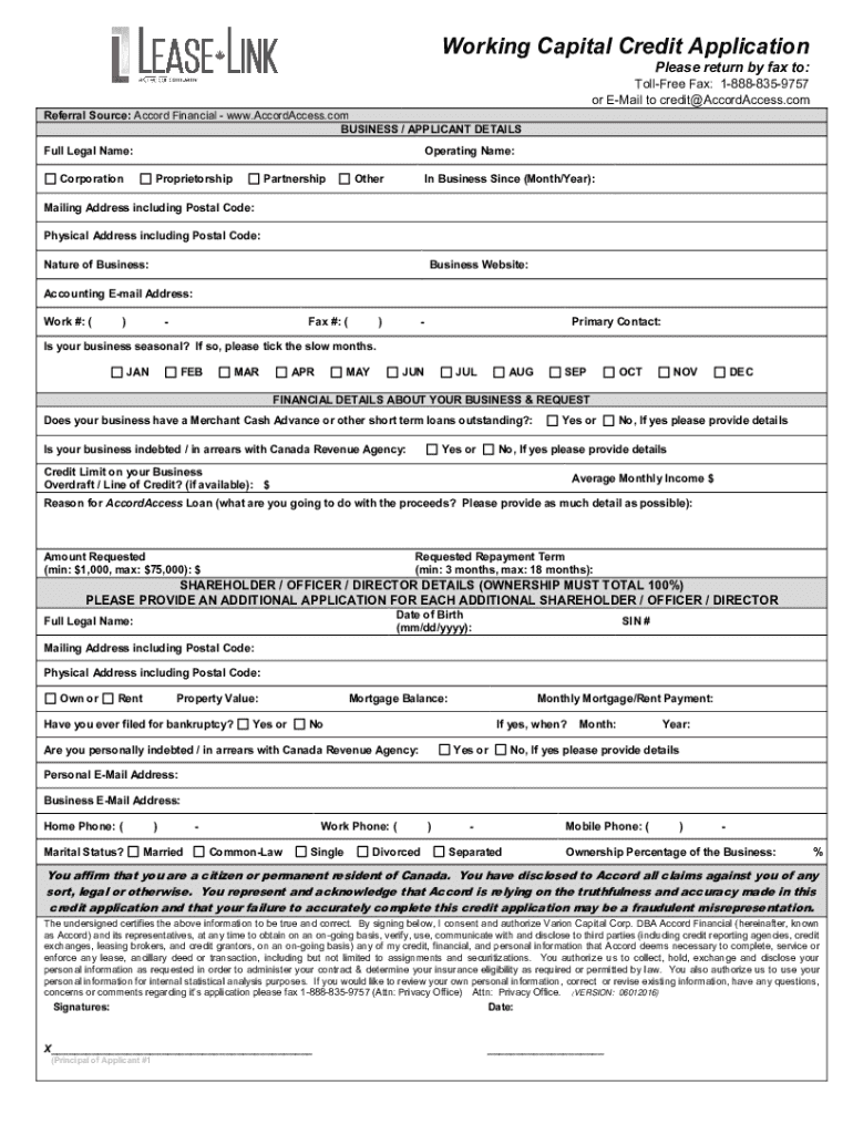Fillable Online Fillable Online Working Capital Credit Application Fax ...