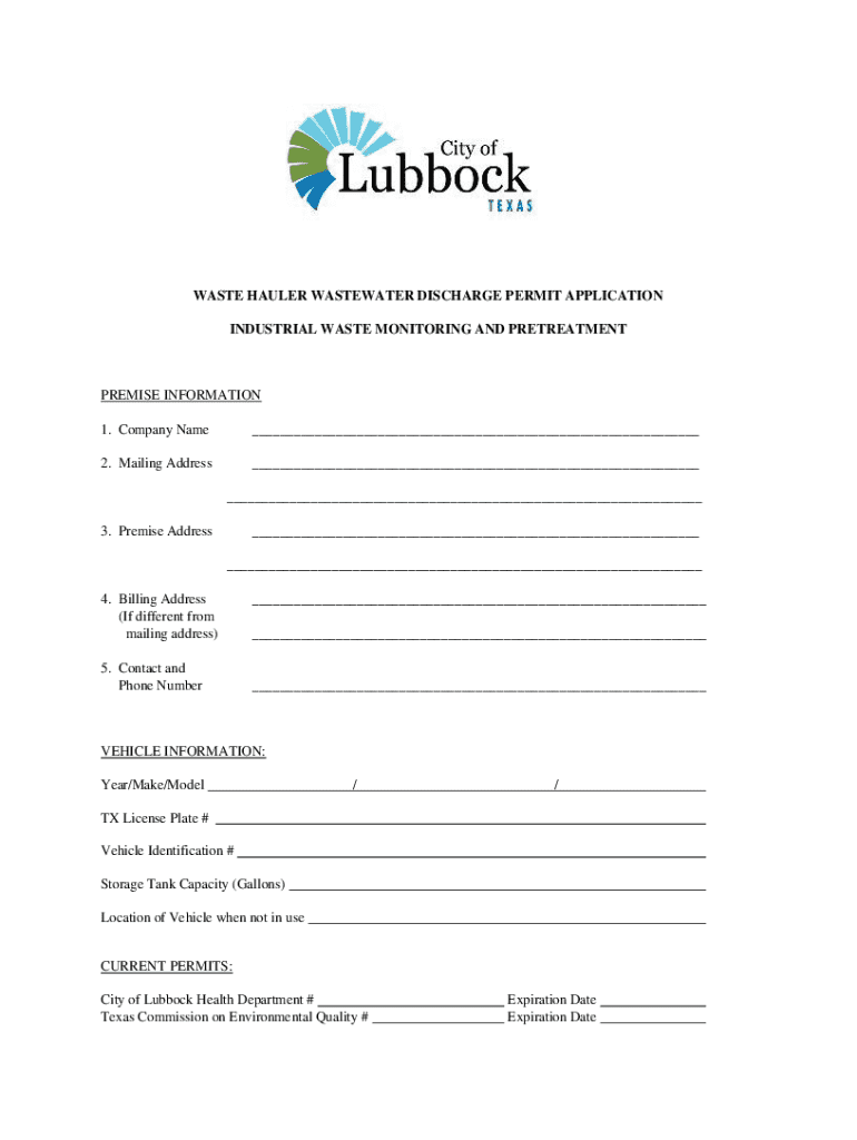 Fillable Online waste hauler wastewater discharge permit application ...