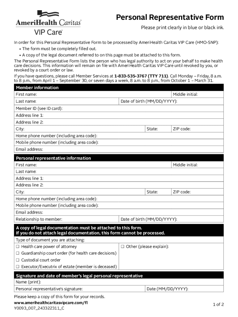 Fillable Online Personal Representative FormAmeriHealth Caritas VIP Care. Personal ...