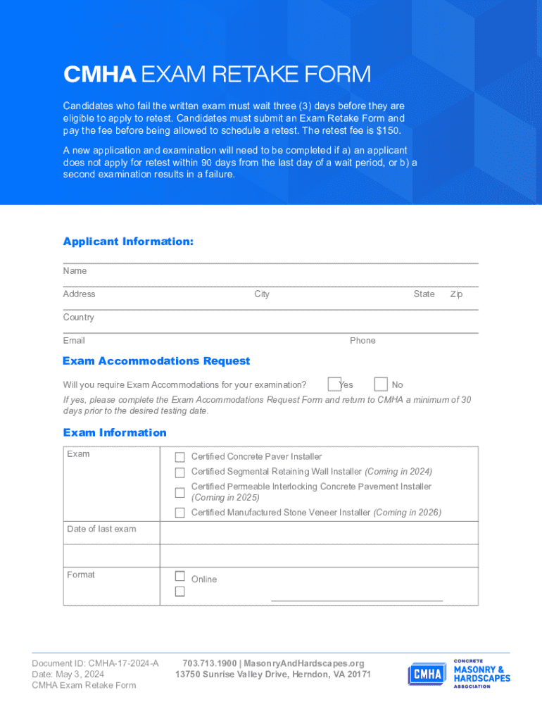 Fillable Online Cmha Exam Retake Form - 2024 Guidelines for Candidates ...
