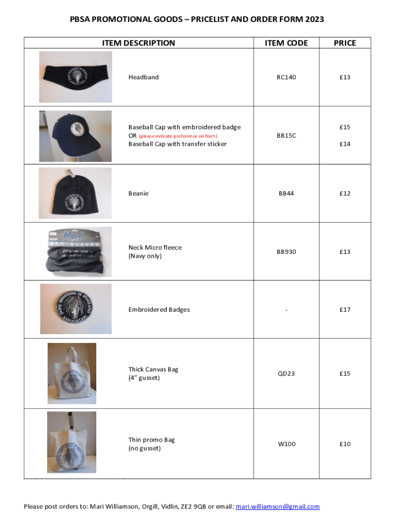 Fillable Online Pbsa Promotional Goods Price List and Order Form 2023 ...