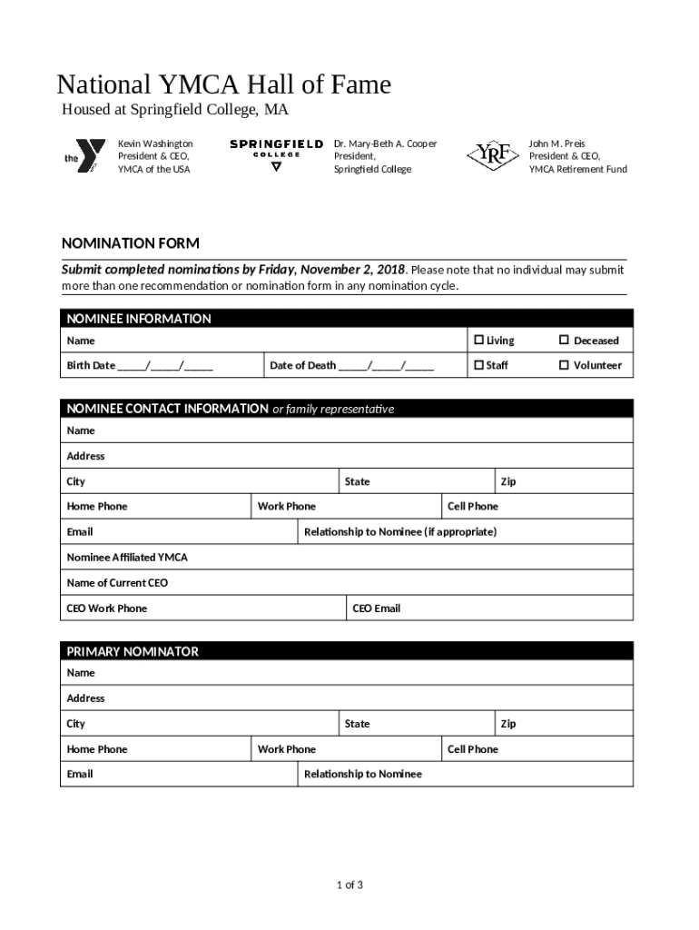 HistoryNational YMCA Hall of Fame at Springfield College Doc Template | pdfFiller