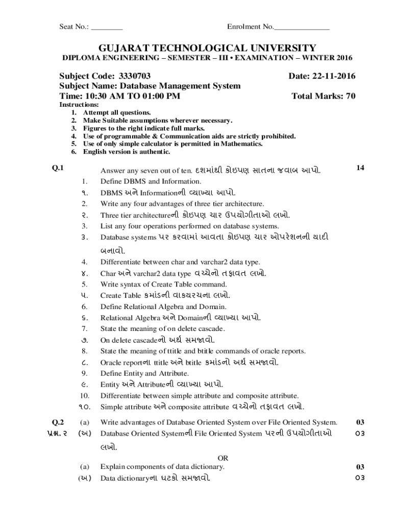 Fillable Online Database Management System Exam - Gtu Diploma Engineering Winter 2016 Fax Email ...