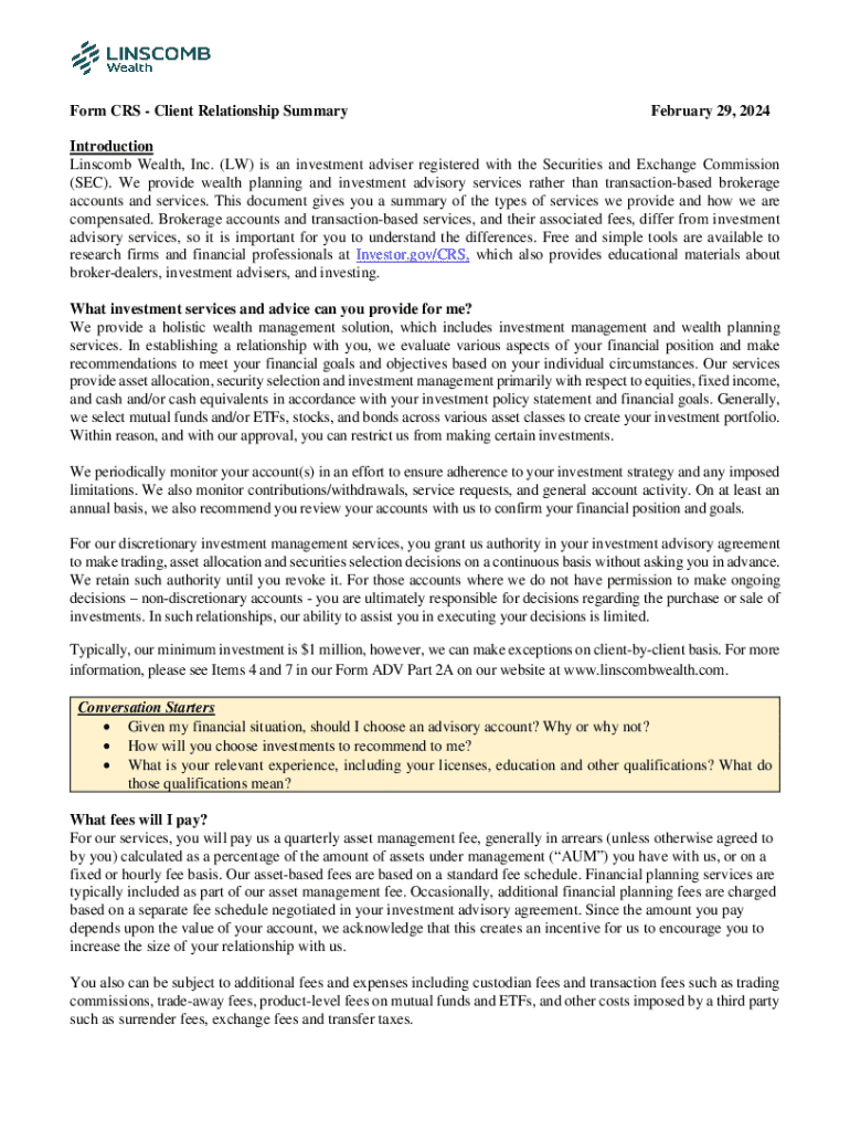 Fillable Online 20240229 L&W Form ADV Part 3 CRSAnnual Amend CLEAN Fax ...