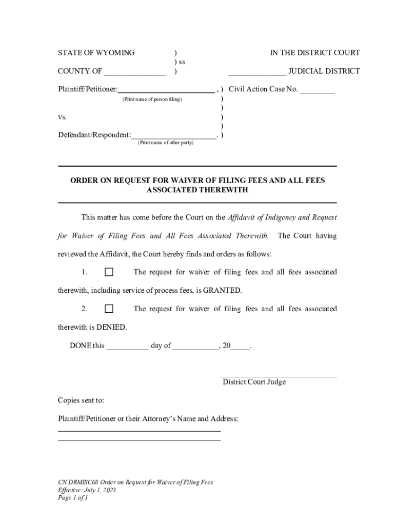 Fillable Online Wyoming Order on Waiver of Filing Fees 2023 Fax Email Print - pdfFiller