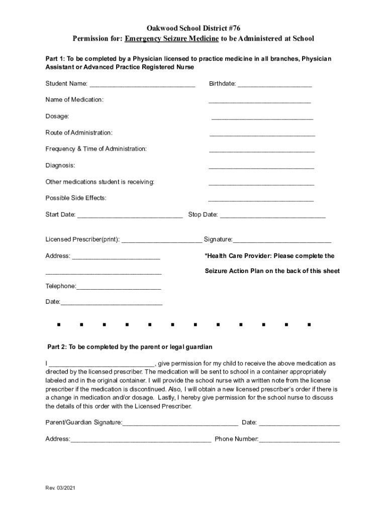 Fillable Online Seizure medication form with seizure action plan Fax ...