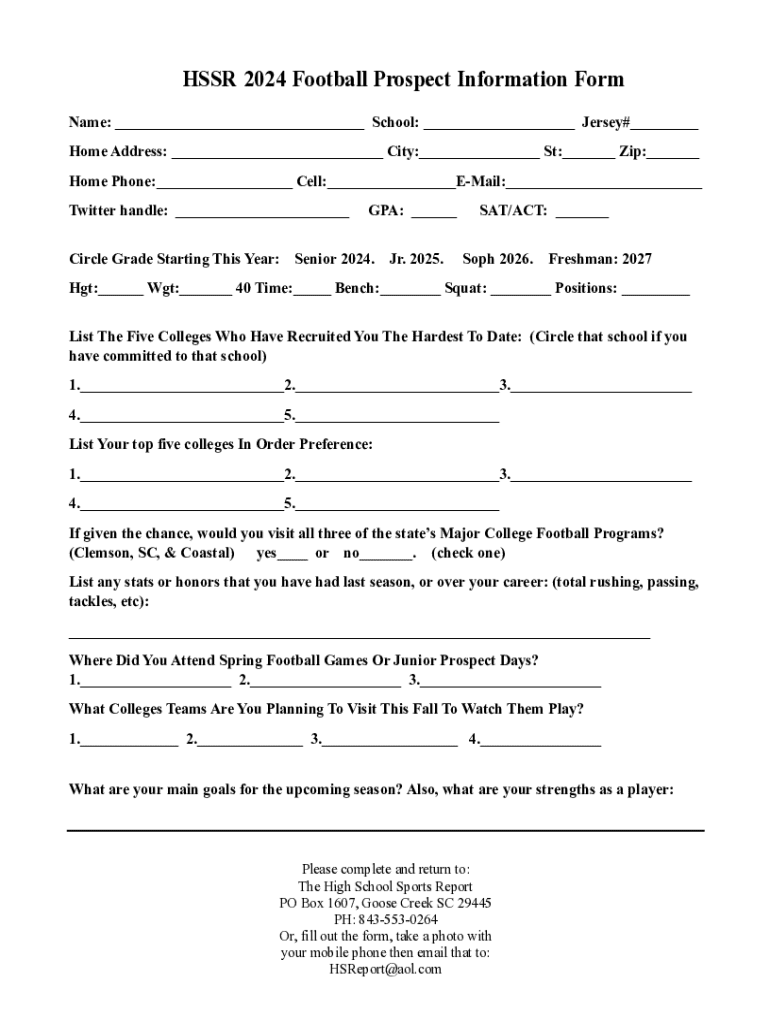 Fillable Online HSSR Football Player Information Sheet.docx Fax Email ...