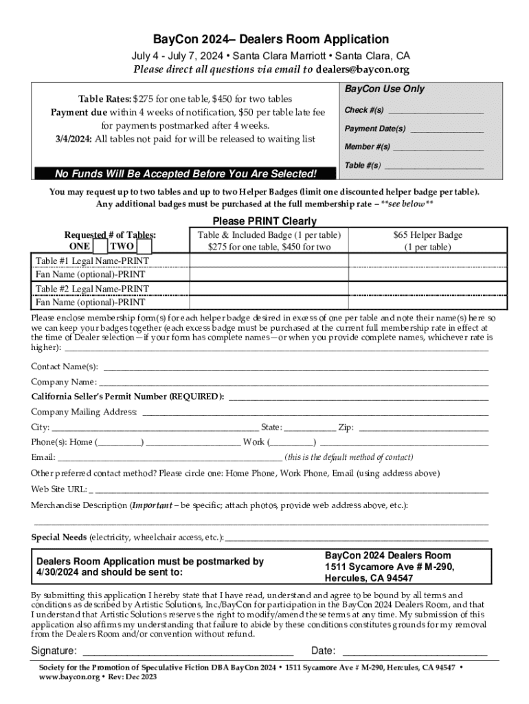Fillable Online BayCon 2023 Dealers Room Fillable Application Fax Email Print - pdfFiller