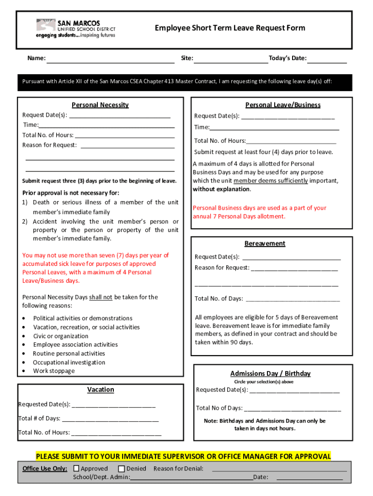 Fillable Online Employee Short Term Leave Request Form Fax Email Print ...