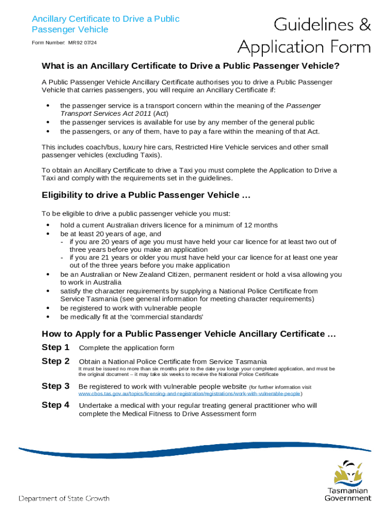 Public Passenger Vehicle Ancillary Certificate - Tasmania Doc Template ...