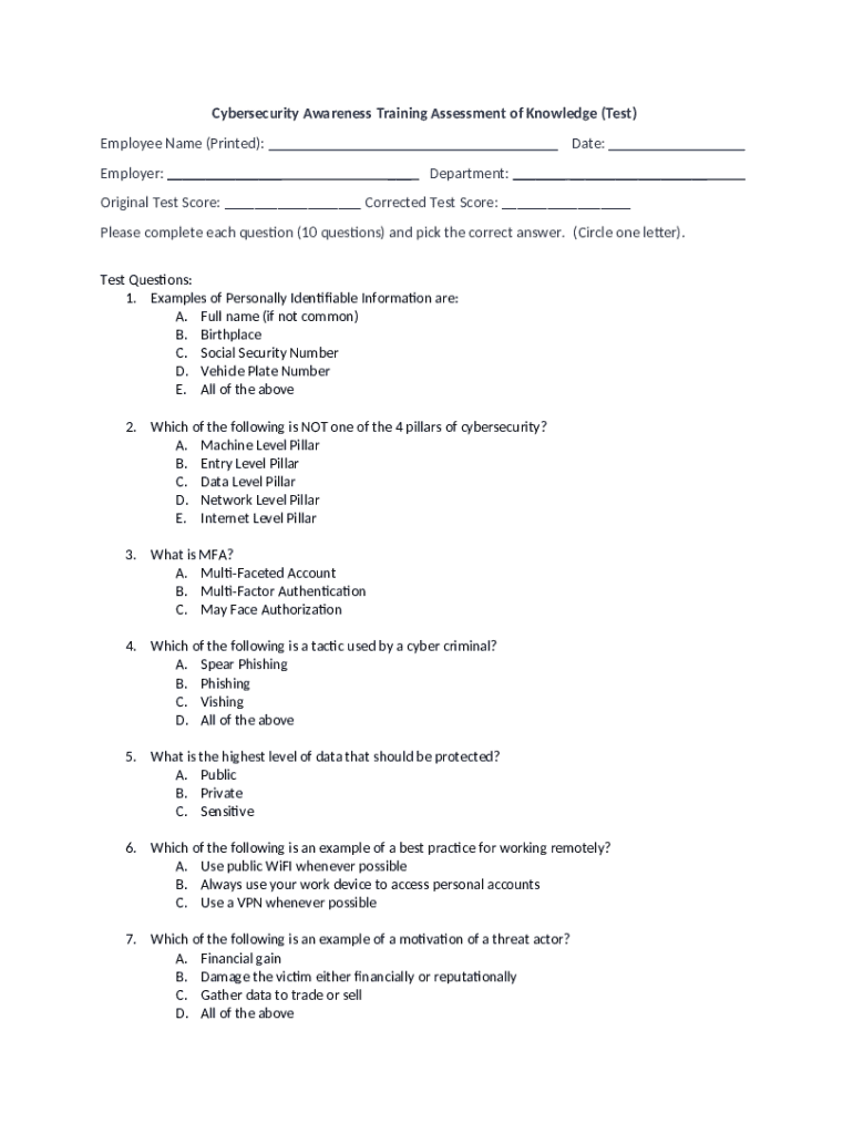 Cybersecurity Awareness Training Assessment Answer Key Doc Template ...