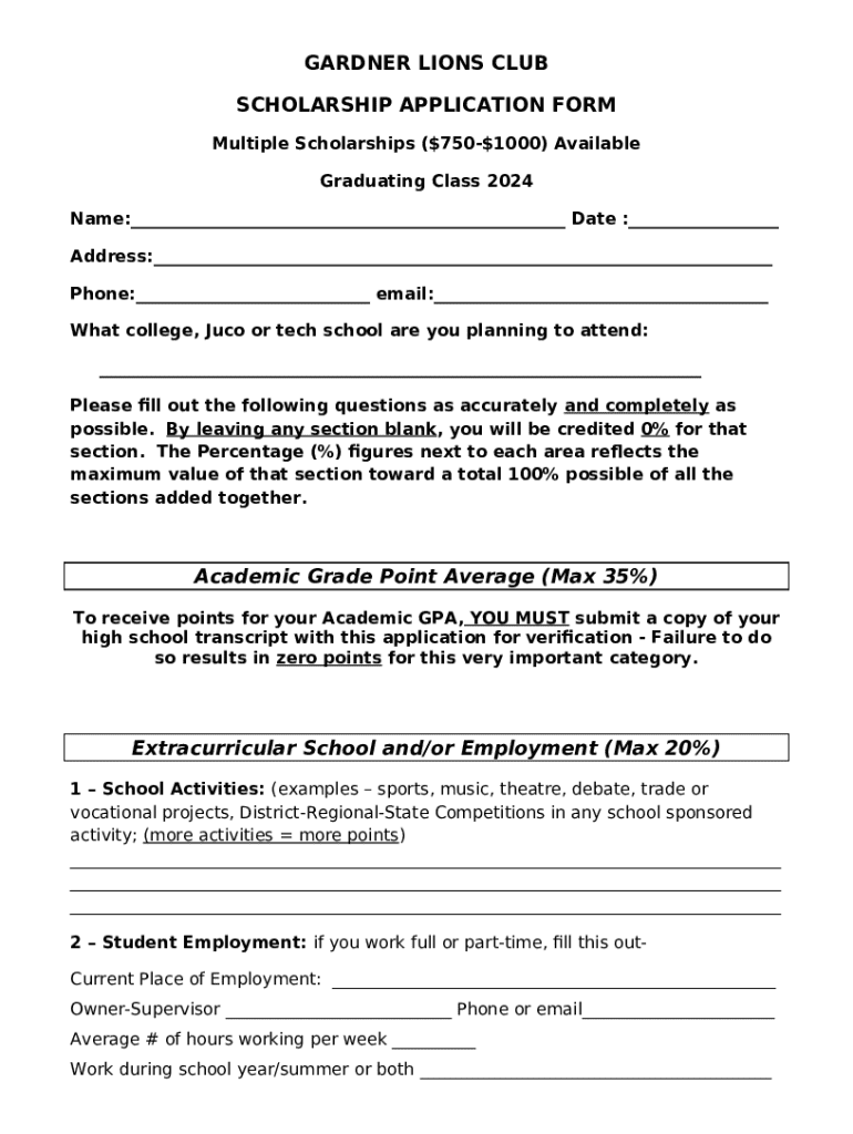 gardner lions club scholarship application Doc Template | pdfFiller