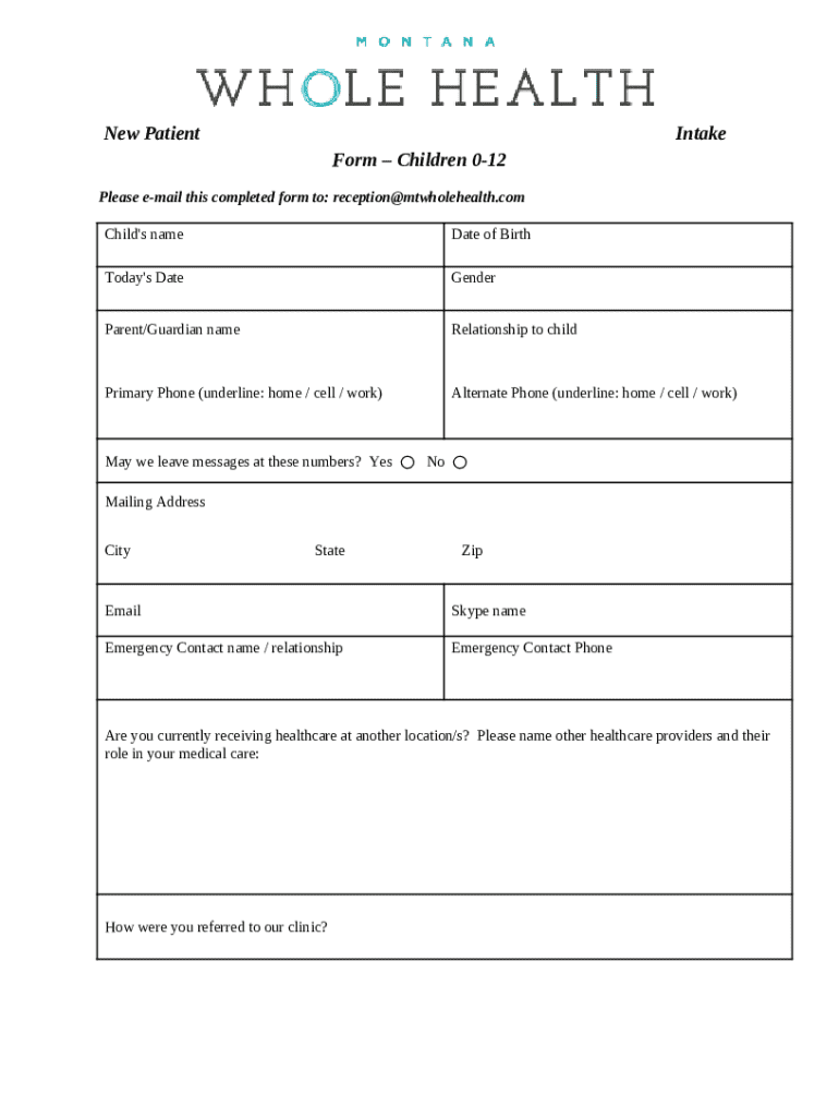 New Patient Pediatric Intake (12 and Under) Doc Template | pdfFiller