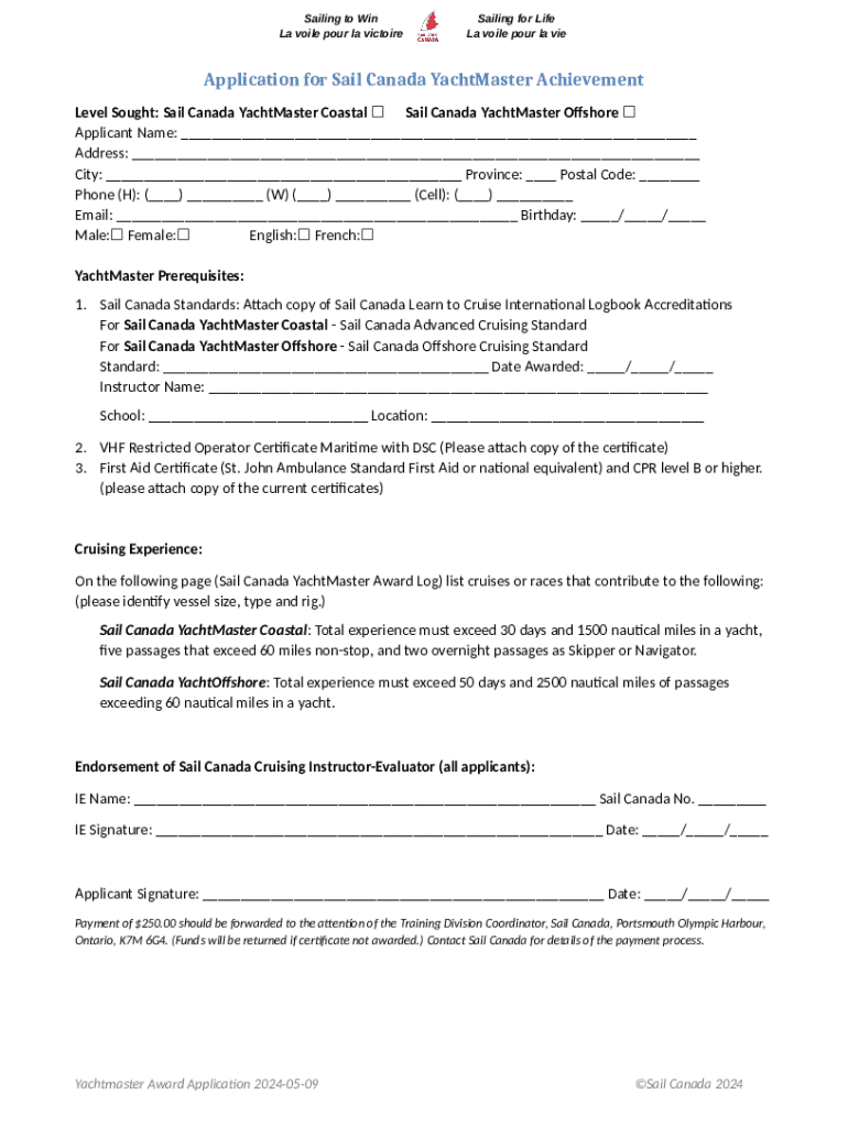 view sail canada yachtmaster application Doc Template | pdfFiller