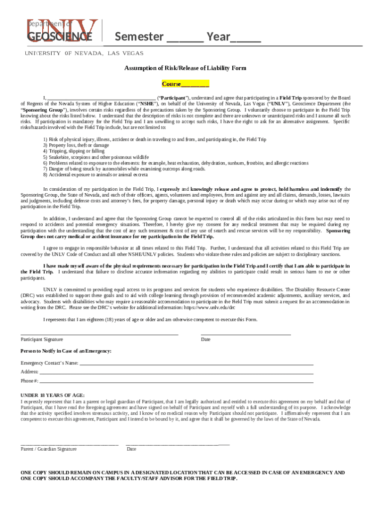 Liability Release and Limited Power of Attorney for ... - CSN - geoscience unlv Doc Template ...