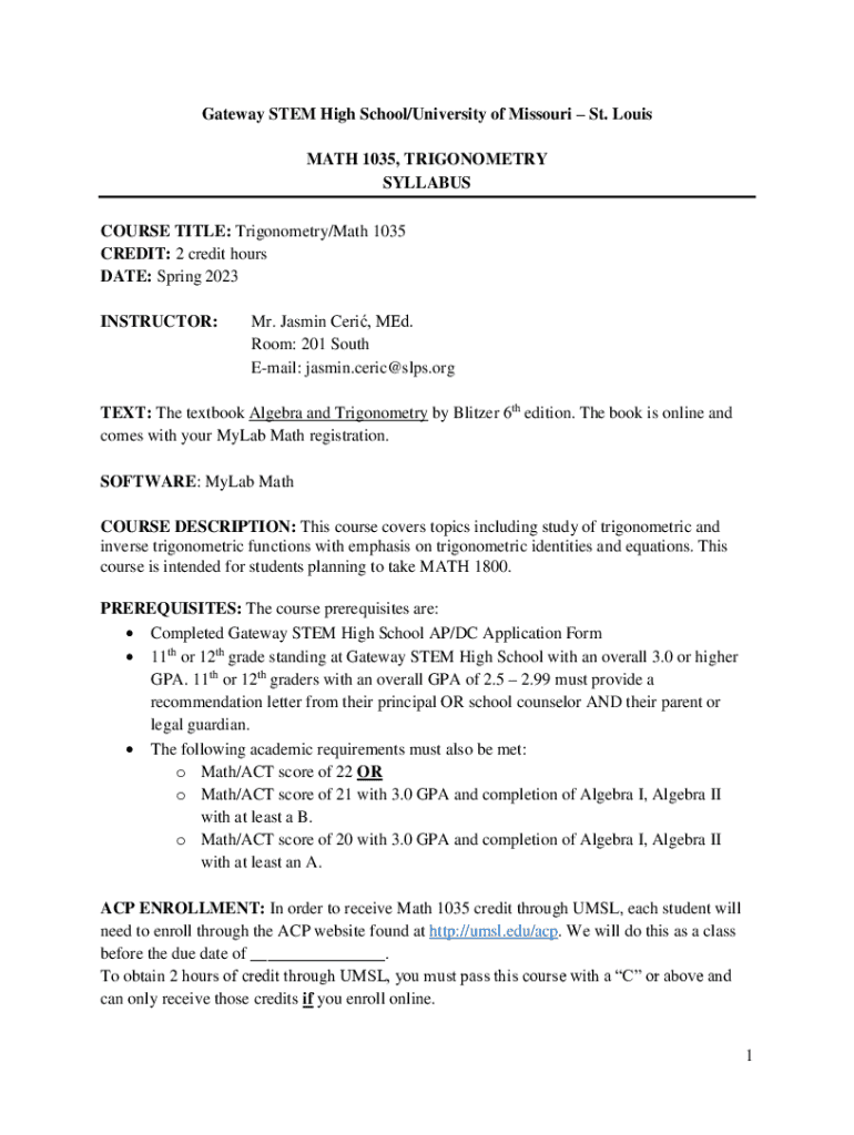 Fillable Online Trigonometry Syllabus for Spring 2023 - Gateway Stem ...