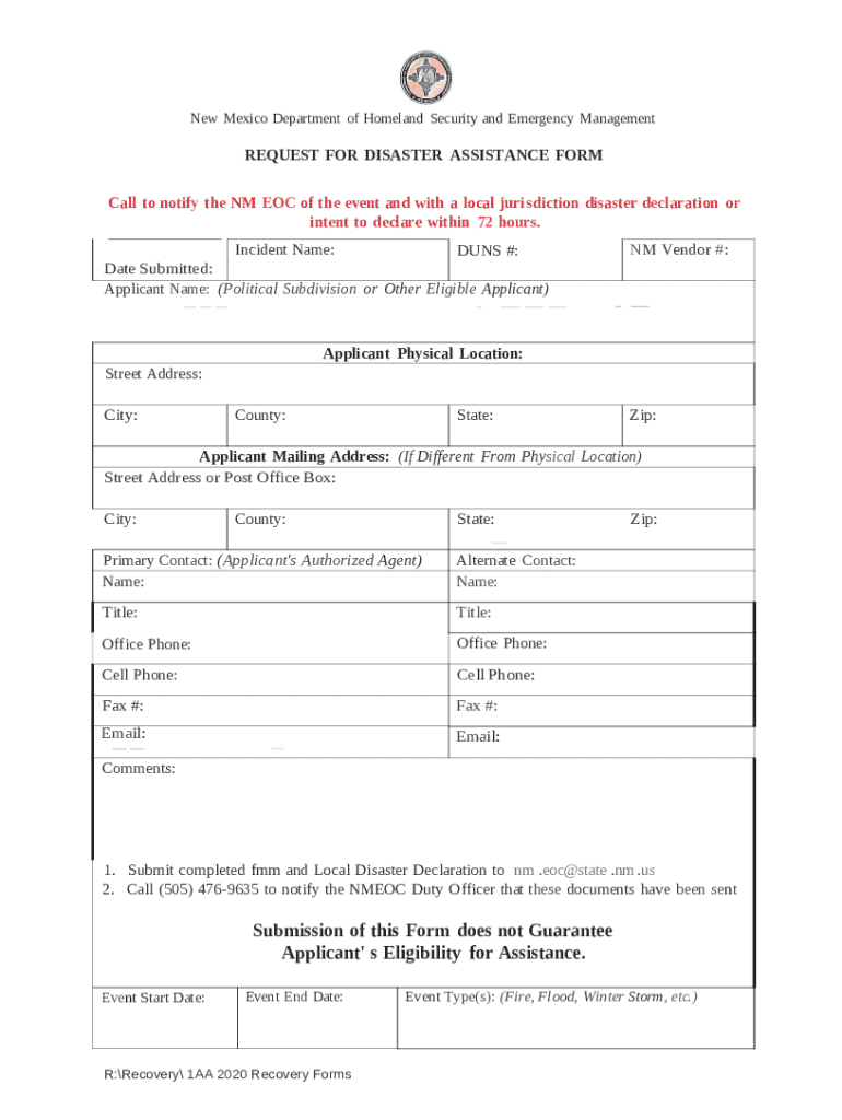 Request for Disaster Assistance - nmdhsem Doc Template | pdfFiller