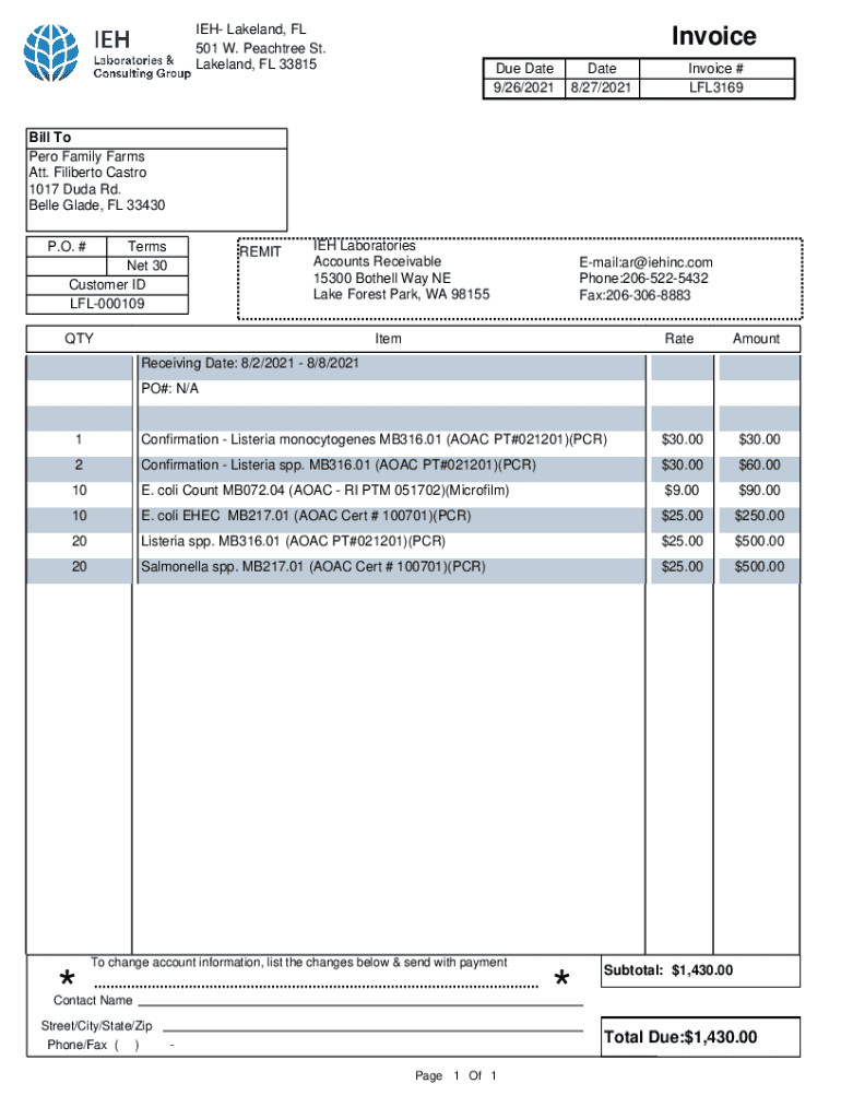 Fillable Online Invoice for Pero Family Farms - Ieh Laboratories 2021 ...