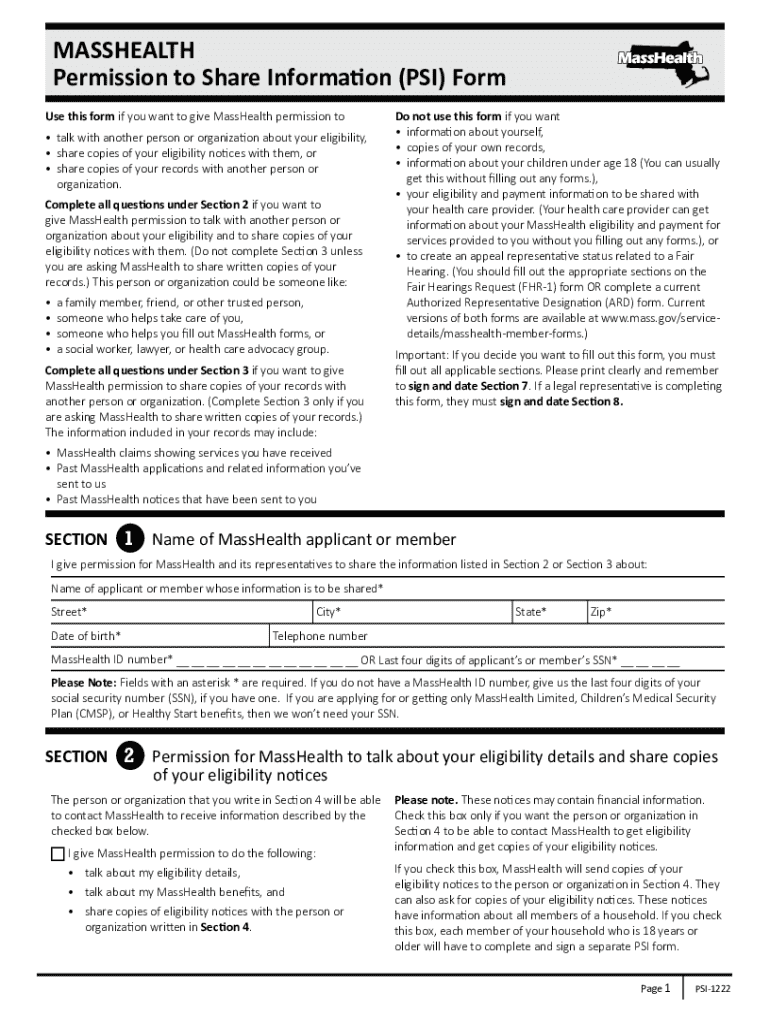 Fillable Online MassHealth Permission to Share Information form (PSI ...