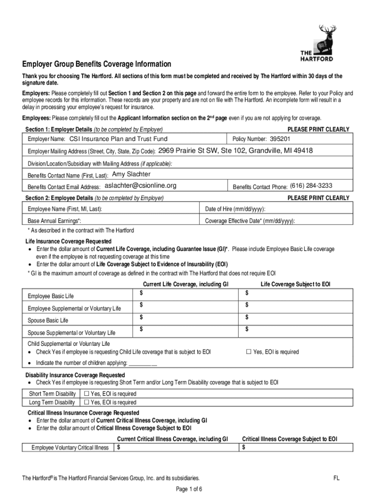Fillable Online Benefits Enrollment Form for CSI Insurance Plan and ...