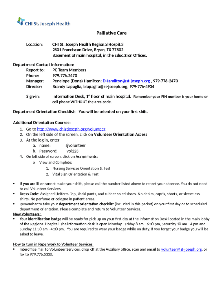 Volunteer Daily Checklist Palliative Care - St. Joseph Health Doc ...