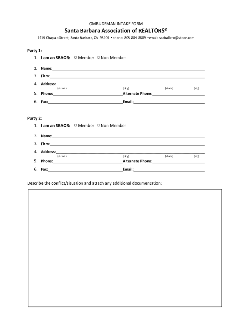 Fillable Online Ombudsman Intake Form - Santa Barbara Realtors 2023 Fax ...