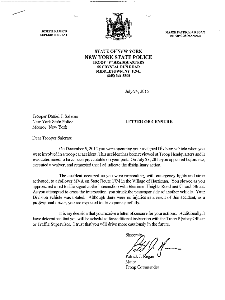 Fillable Online New York State Police, Trooper Daniel J. Salerno Letter ...