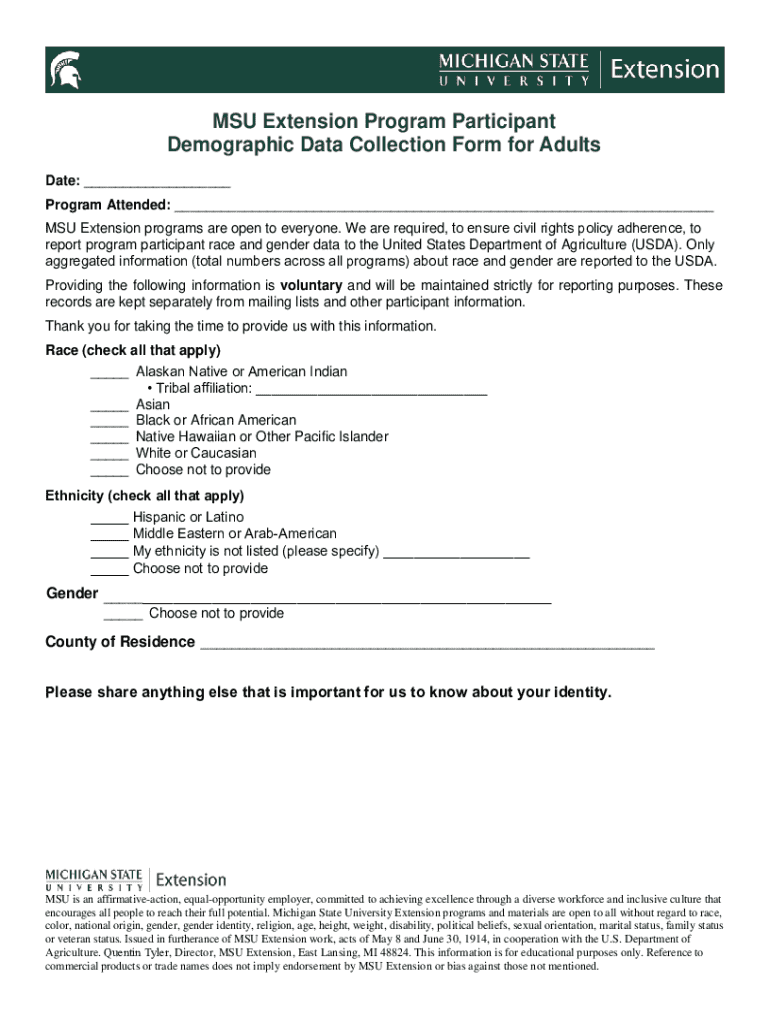 Fillable Online Msu Extension Participant Demographic Data Collection 2023 Fax Email Print ...
