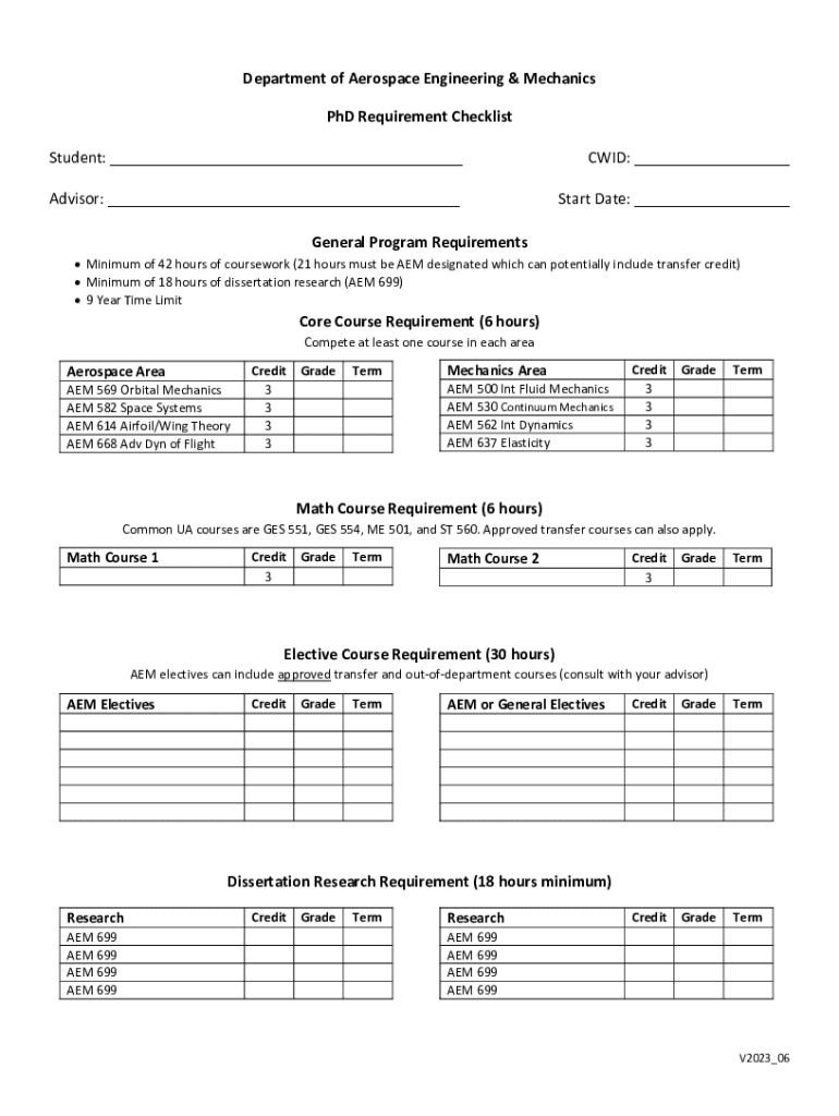 Fillable Online Department of Aerospace Engineering & Mechanics PhD Requirement Checklist Fax ...