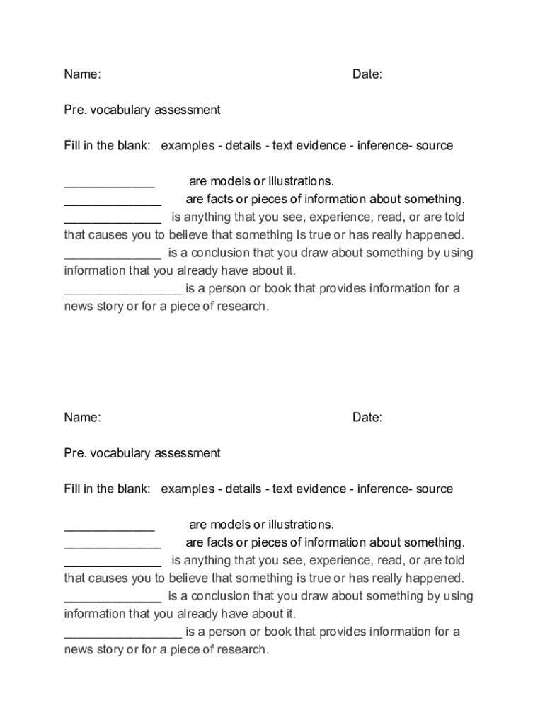 Fillable Online Pre. vocabulary assessment Fill in the blank: examples - ... Fax Email Print ...