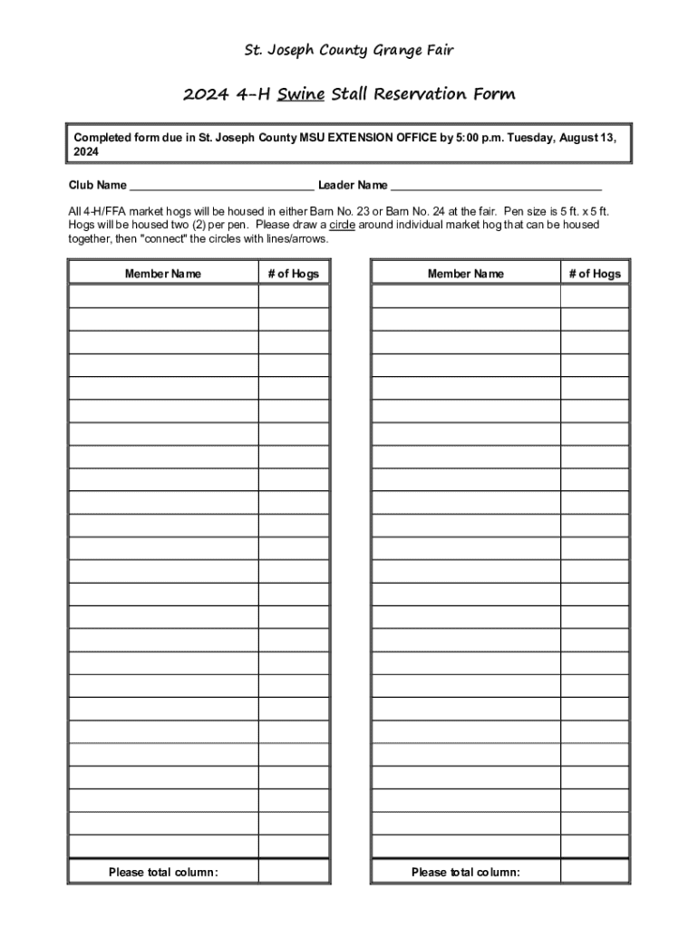 Fillable Online 2024 4-H Swine Stall Reservation Form Fax Email Print ...