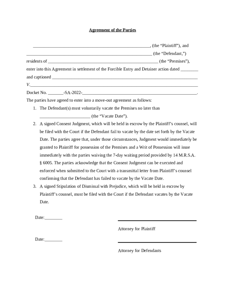 FORCIBLE DETAINER SETTLEMENT AGREEMENT Doc Template | pdfFiller