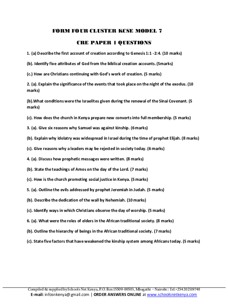Fillable Online Kcse Cre Paper 1 Questions 2023: Exploring Biblical ...