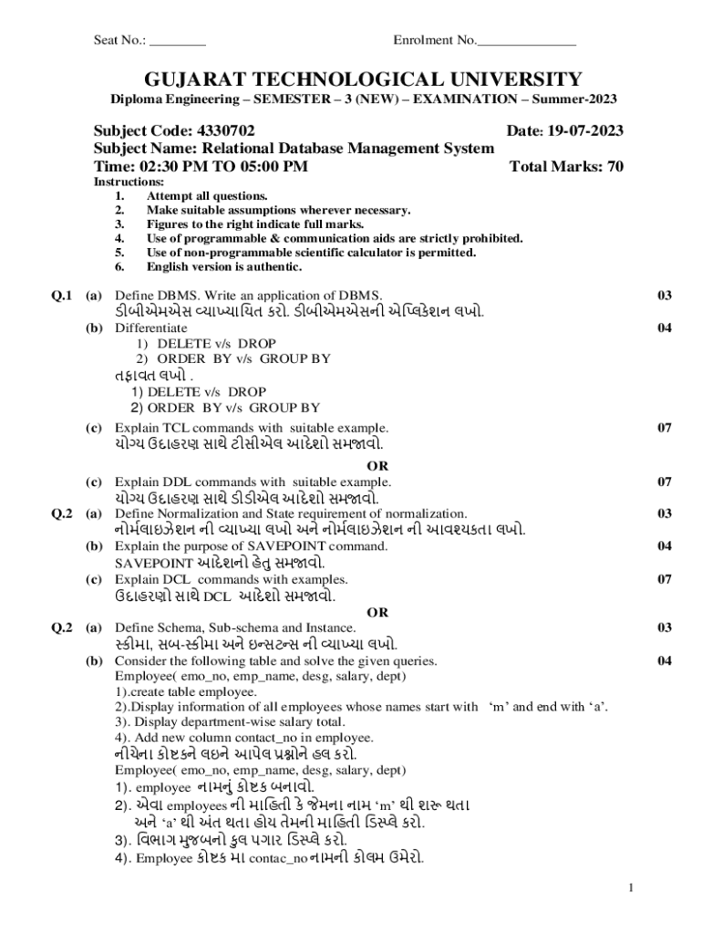 Fillable Online Diploma Engineering SEMESTER 3 (NEW) EXAMINATION Summer ...