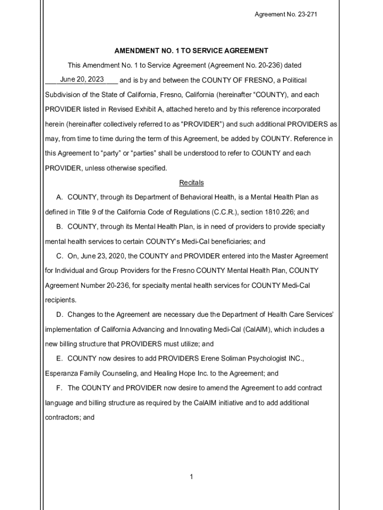 Fillable Online Amendment Number 1 to The Agreement for Services Fax ...