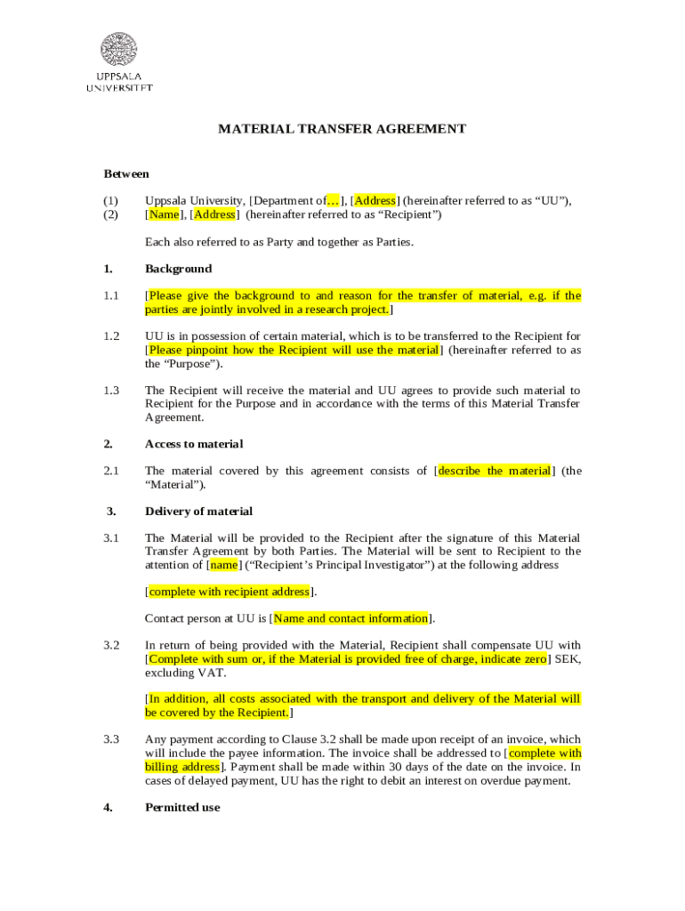 (PDF) Sample Material Transfer Agreement Doc Template | pdfFiller