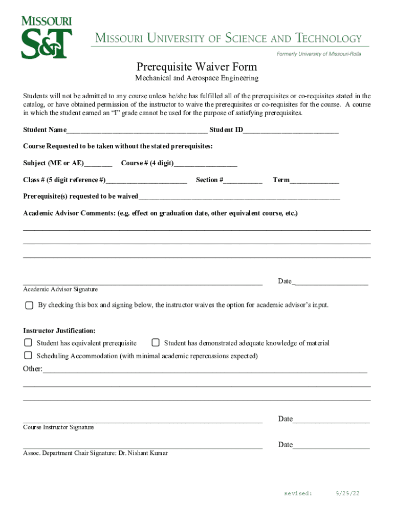 Fillable Online Prerequisite Waiver Form for Mechanical and Aerospace Engineering 2022 Fax Email ...
