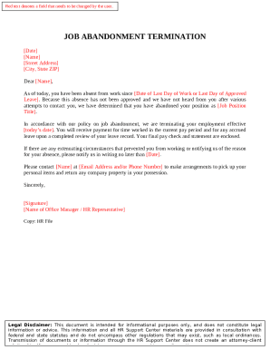 Job Abandonment Termination Letter Sample Doc Template | pdfFiller